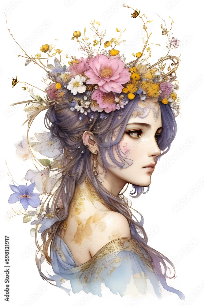 Beautiful brunette lady Spring decorated with field spring flowers ...