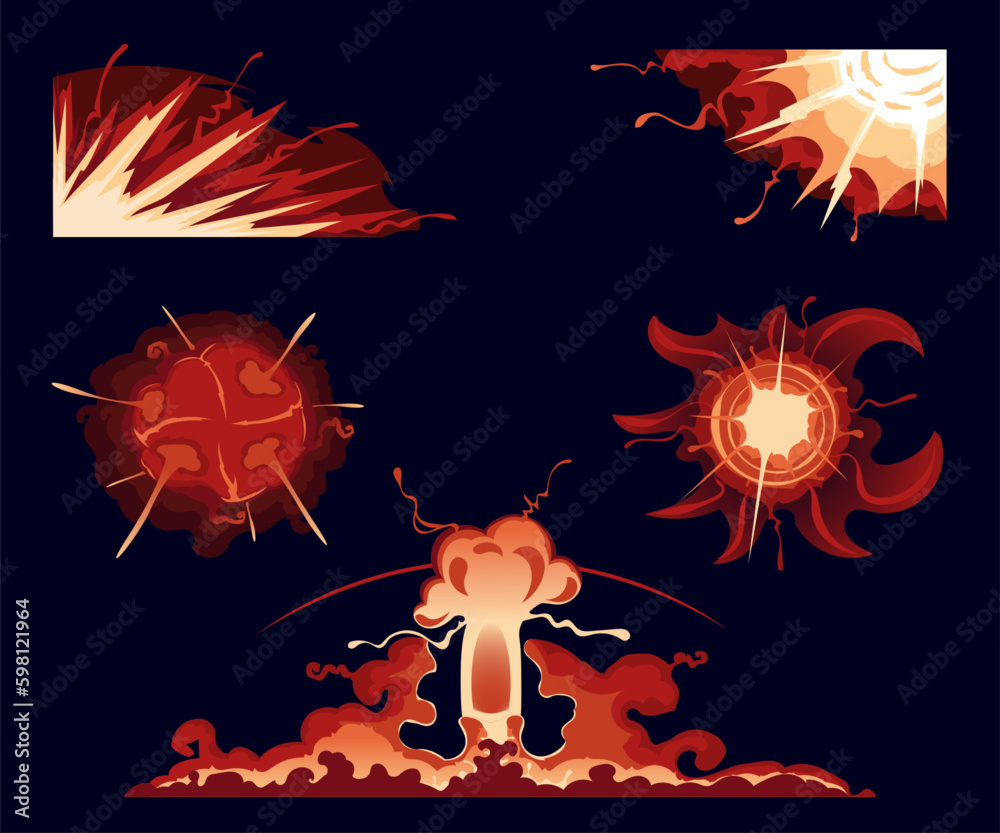 Vfx weapon boom effect. Set of colorful explosions. Bomb, nuclear ...