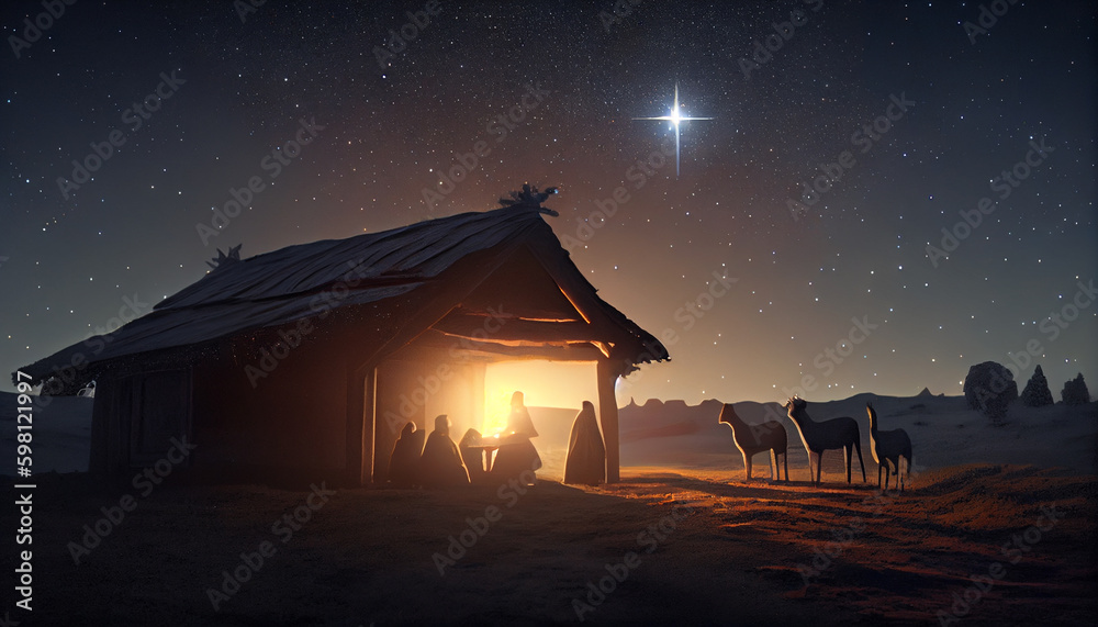 The birth of Christ in the barn at night. AI Generative Stock ...