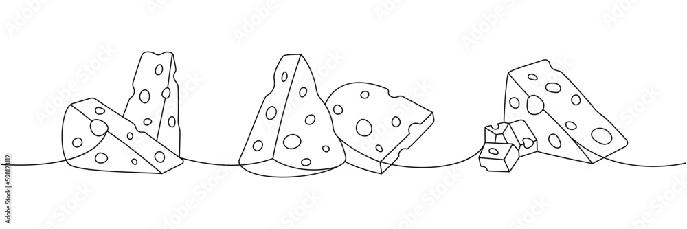 Cheese piece set one line continuous drawing. Different types of cheese ...
