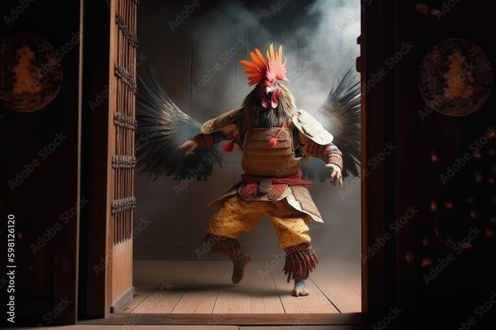 Proud rooster in a samurai armor jumps through a portal, ready to ...