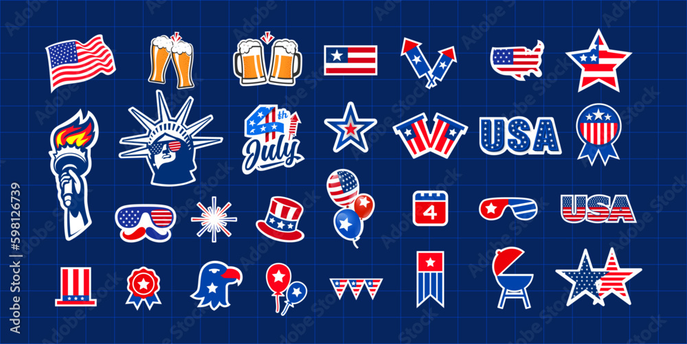 Big set of vector American stickers. Elements of united states. The ...
