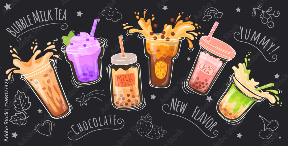 Bubble milk poster. Boba pearl tea with tapioca bubble, smoothies juice ...
