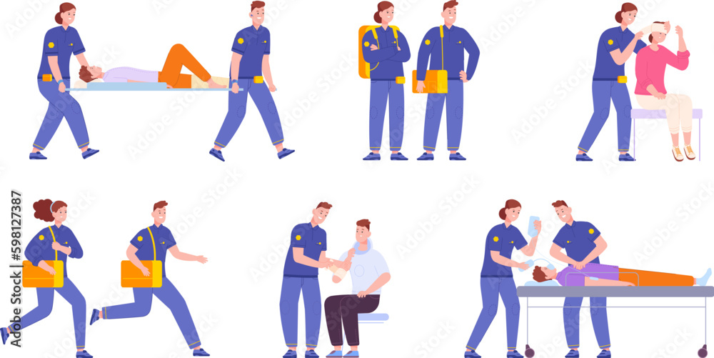 First aid procedures. Paramedic worker rescue patients on stretcher in emergency situation, cpr ...