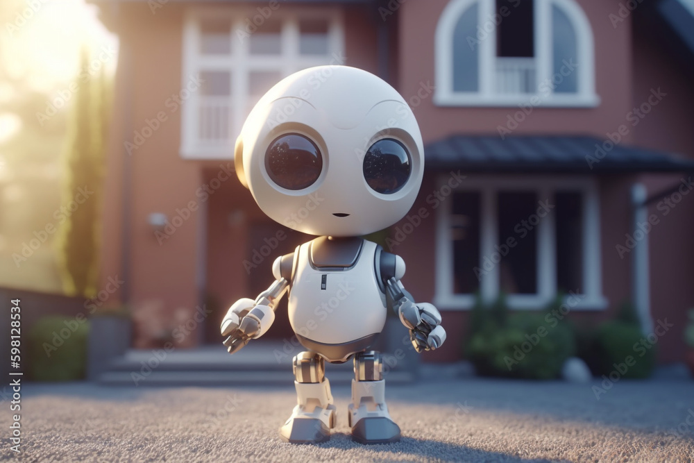 Cute friendly robot standing in front of the couse. Cartoon character ...