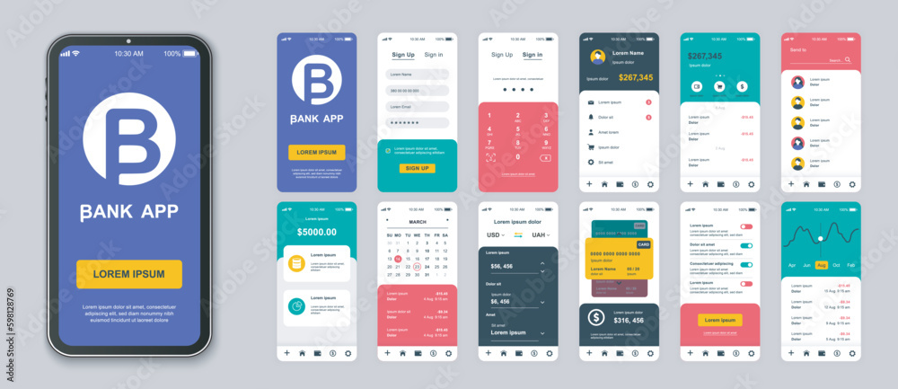 Vetor de Banking mobile app screens set for web templates. Pack of ...