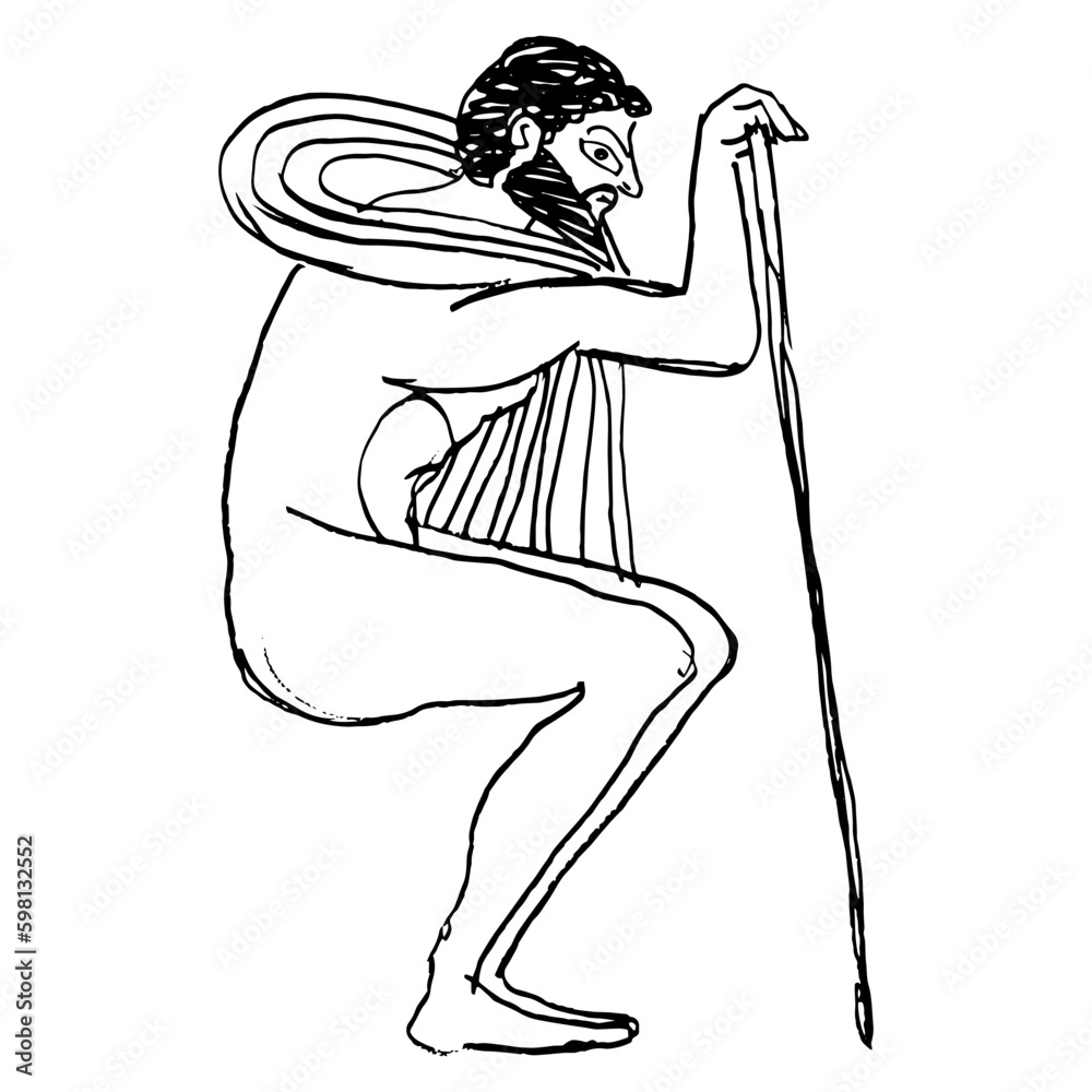 Seated ancient Greek man with a stick. Ethnic vase painting style. Hand ...