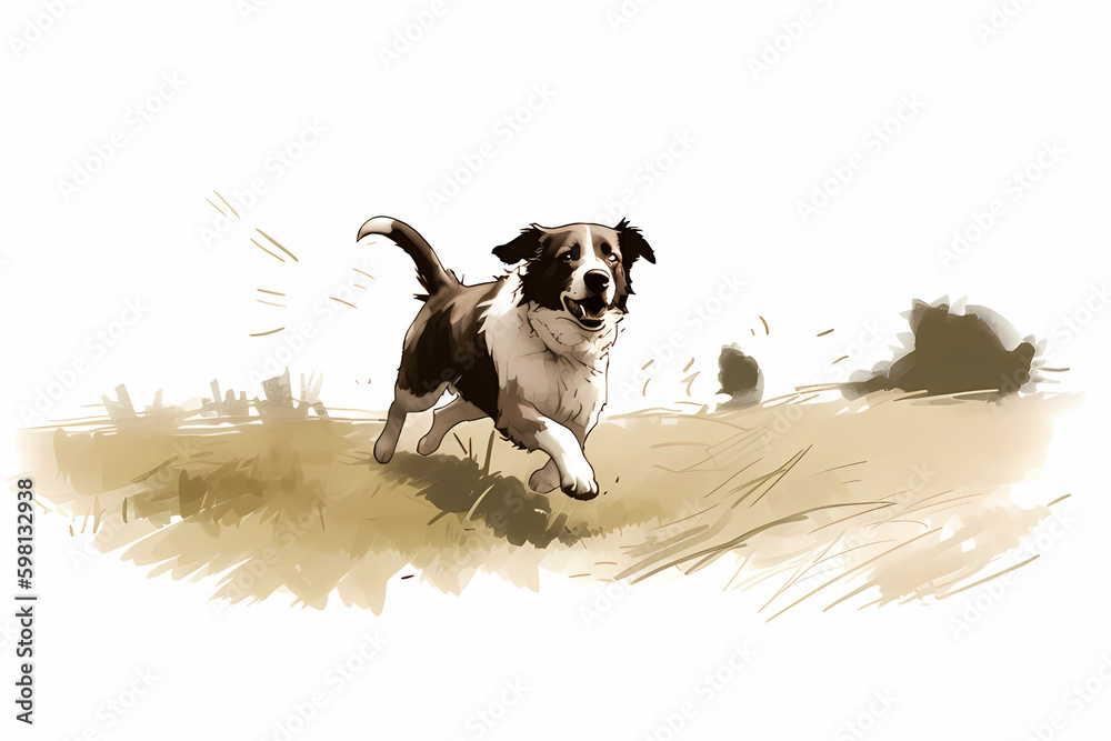 Abstract clipart of running dog off leash through a field, white ...
