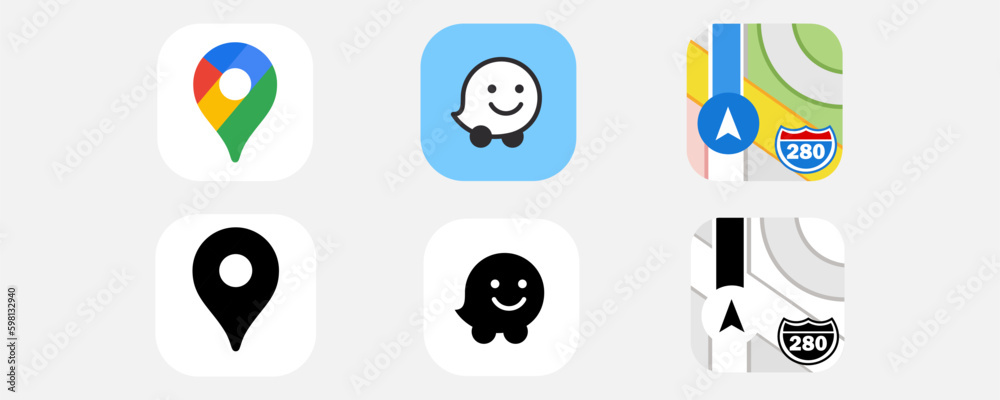 A collection of popular GPS applications: Apple Maps, Google Maps, Waze ...