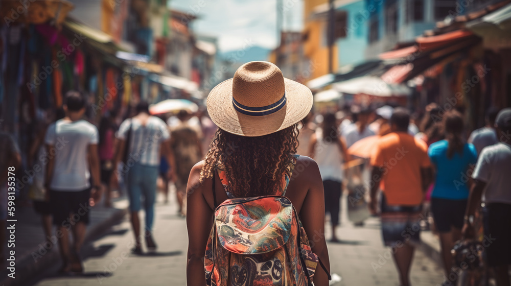 Back view of a young afro woman in a small town caribbean street. Image ...