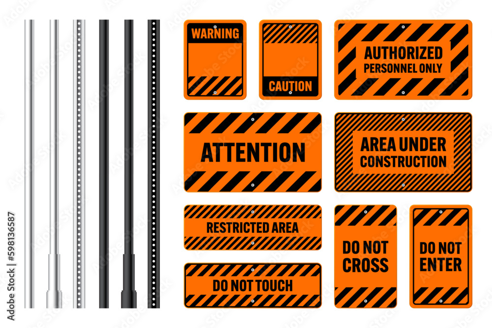 Warning, danger signs, attention banners with metal poles. Orange ...