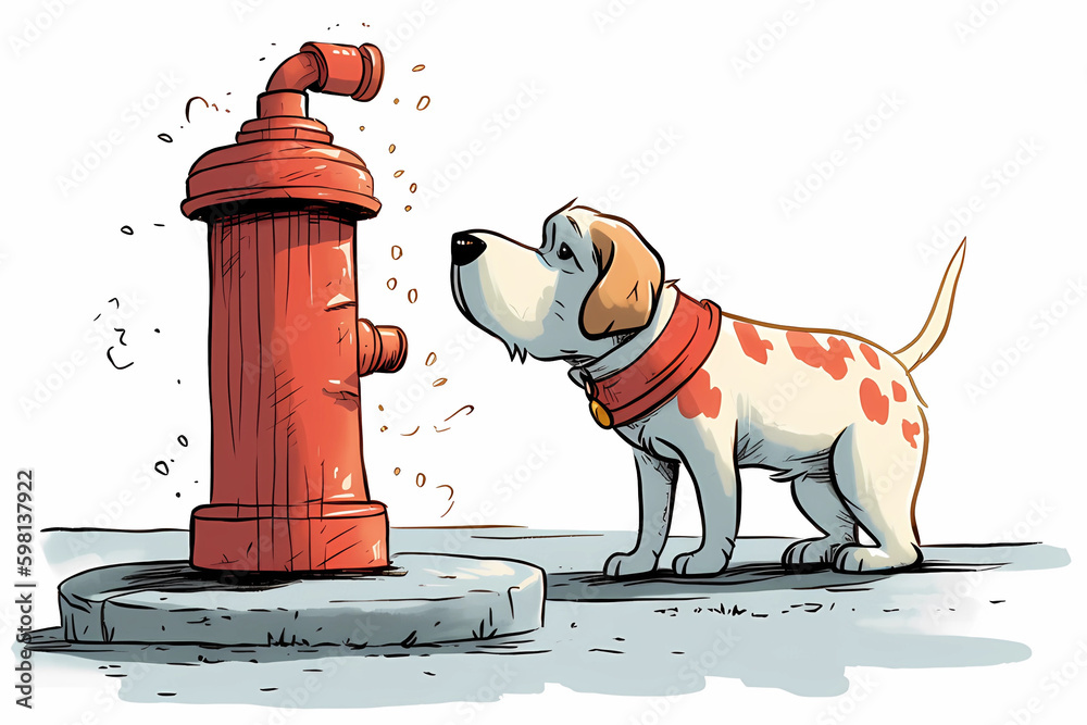 A dog sniffing a fire hydrant on a walk clipart, white background. For ...