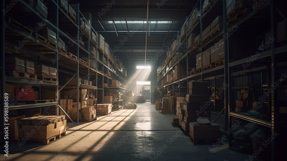 Sun rays shining through windows. Warehouse with cardboard boxes inside ...