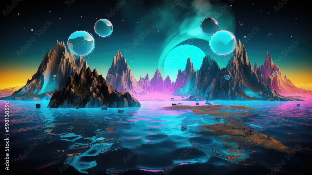 Fantasy world, neon magic lake, neon vj loop, dj loop, music video ...