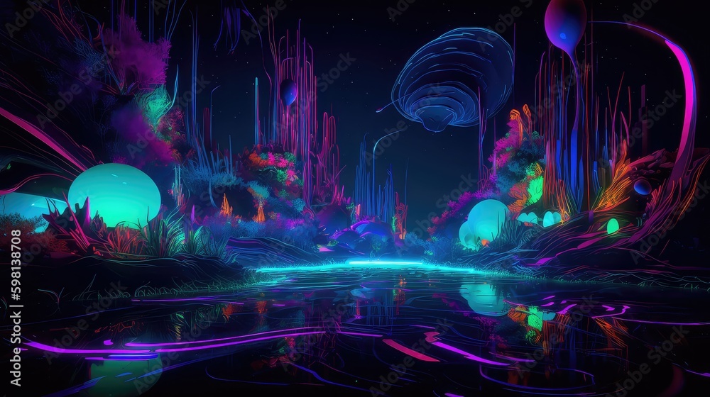 Fantasy world, neon magic lake, neon vj loop, dj loop, music video ...