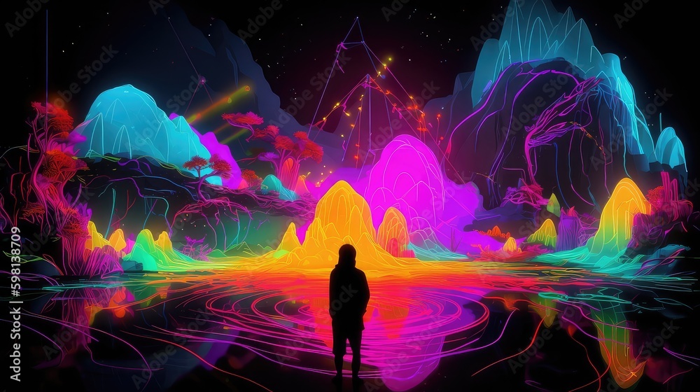 Fantasy world, neon magic lake, neon vj loop, dj loop, music video ...