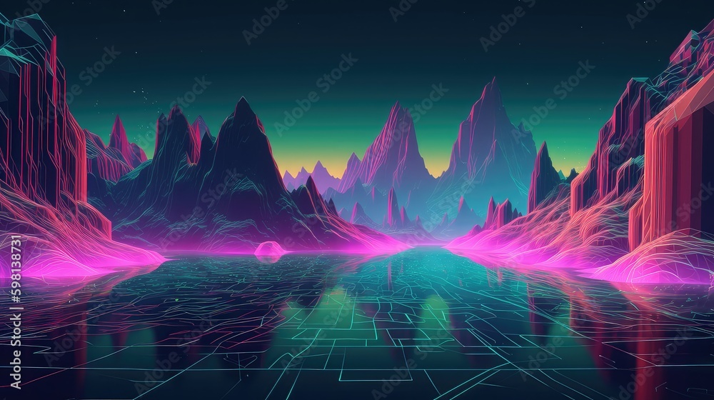 Fantasy world, neon magic lake, neon vj loop, dj loop, music video ...