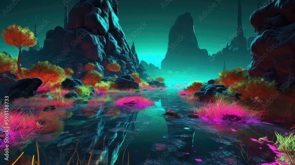 Fantasy world, neon magic lake, neon vj loop, dj loop, music video ...