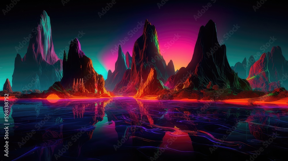 Fantasy world, neon magic lake, neon vj loop, dj loop, music video ...