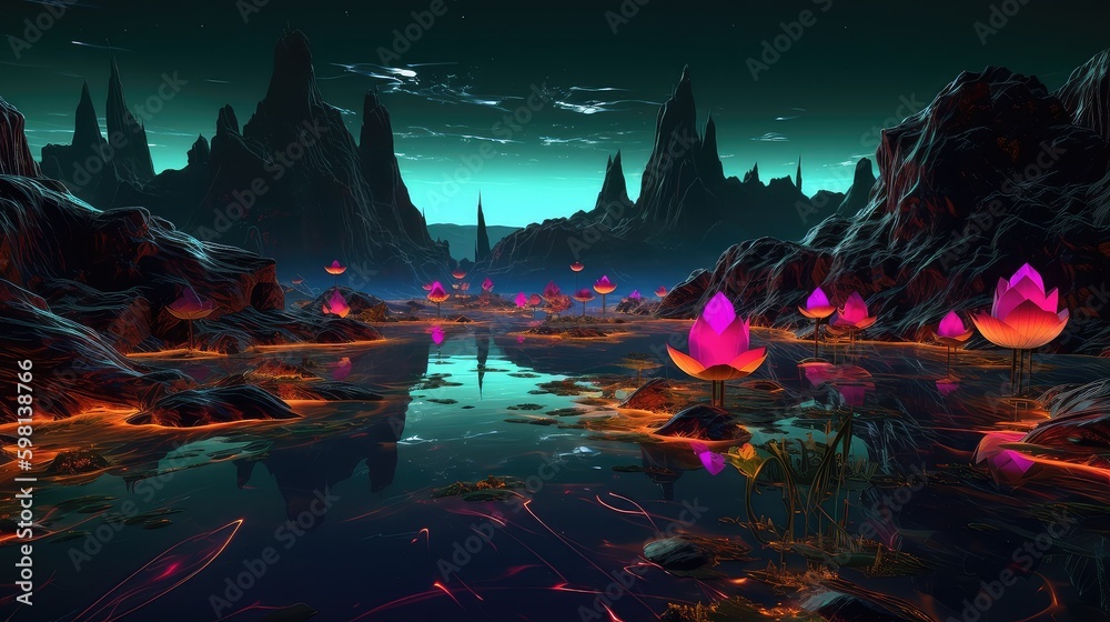 Fantasy world, neon magic lake, neon vj loop, dj loop, music video ...