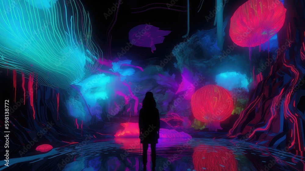 Fantasy world, neon magic lake, neon vj loop, dj loop, music video ...