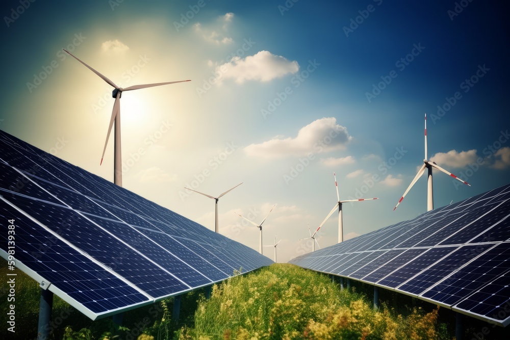 A photograph of a renewable energy source, wind turbine and solar ...