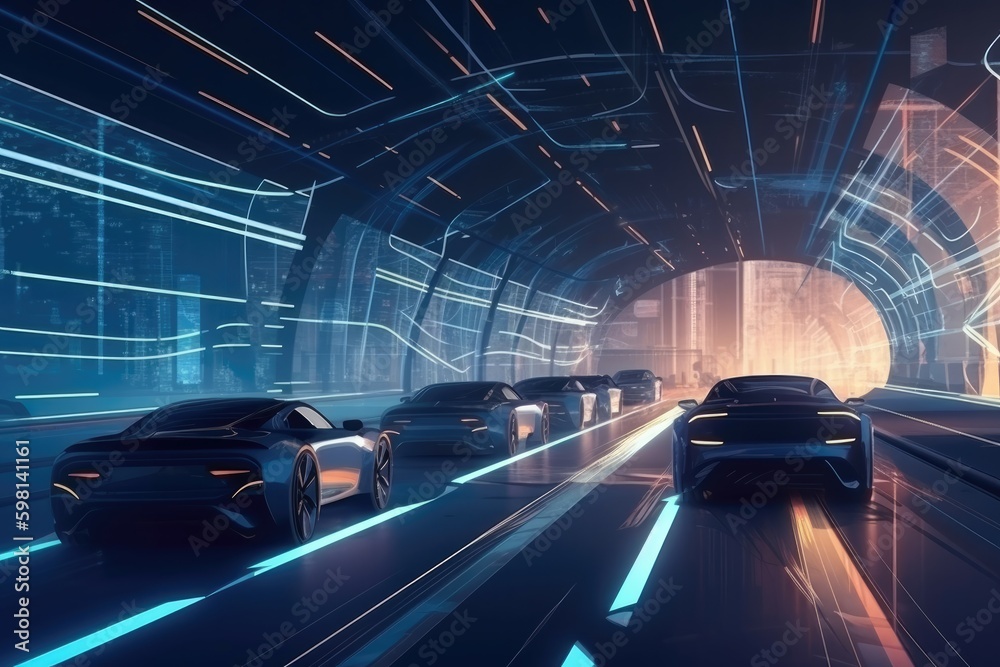 Vehicles on street connected to car tracks, in the style of futuristic ...