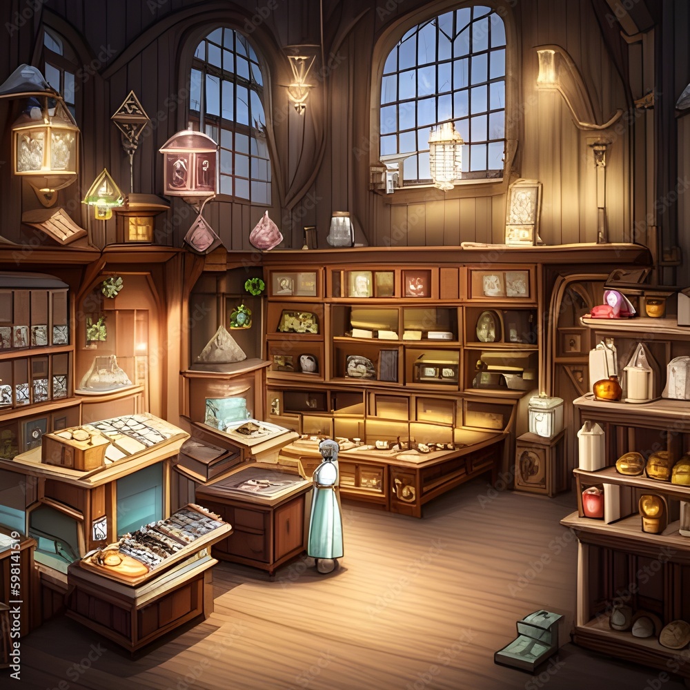 ai generated illustrations of Magical crystal shop front and indoors ...