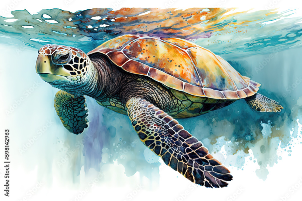Generative AI. Sea Turtle and watercolor splashes. Illustration of ...