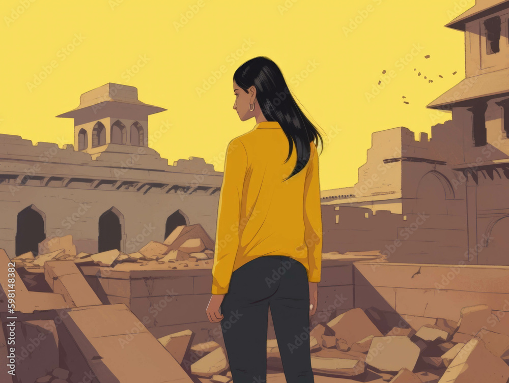 A South Asian woman wrapping cloth around her head as she stands in ...