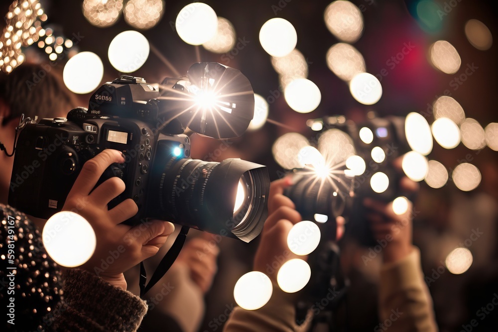 Flashing Lights of Paparazzi Cameras at Celebrity Party - Generative AI Stock Illustration ...