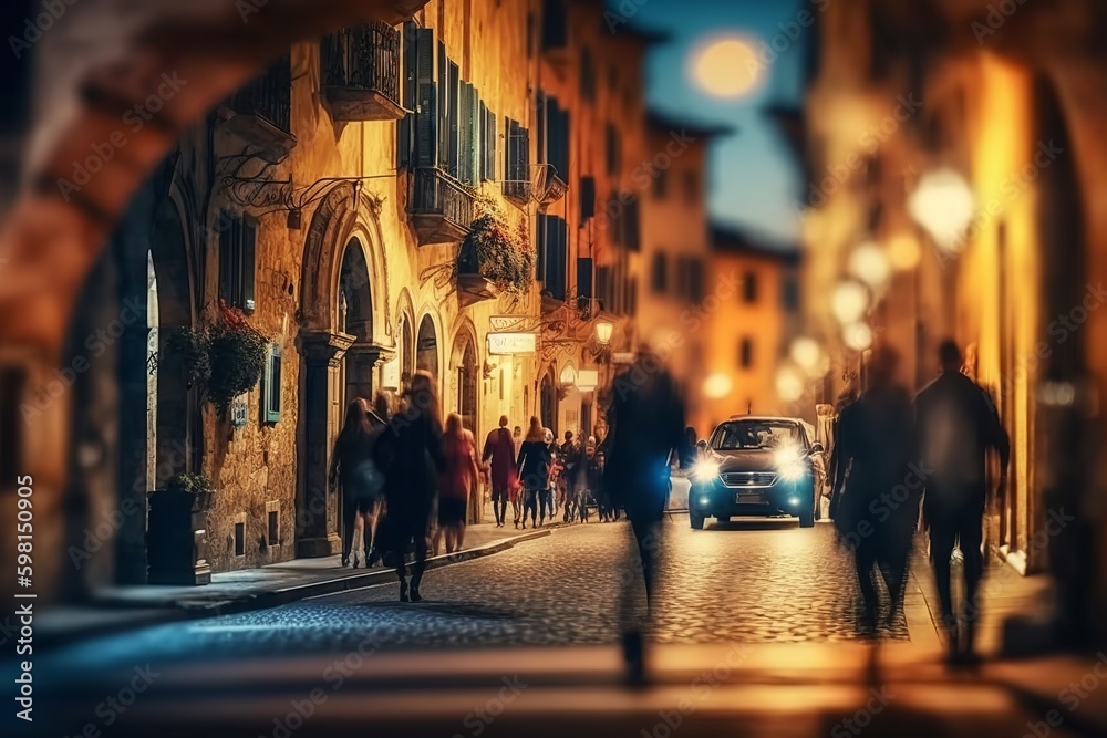 Nighttime Stroll in Medieval Italy: Illuminated Pedestrians and Street ...
