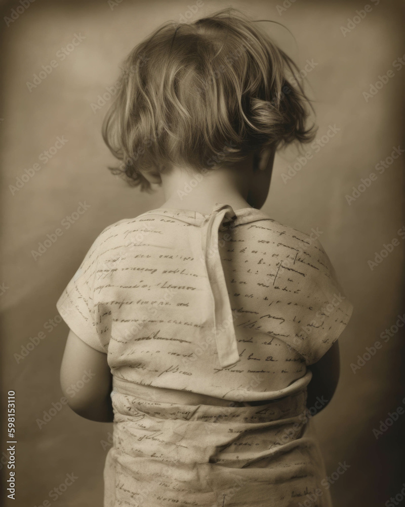 A cowering child with a handwritten note from their parents taped to ...