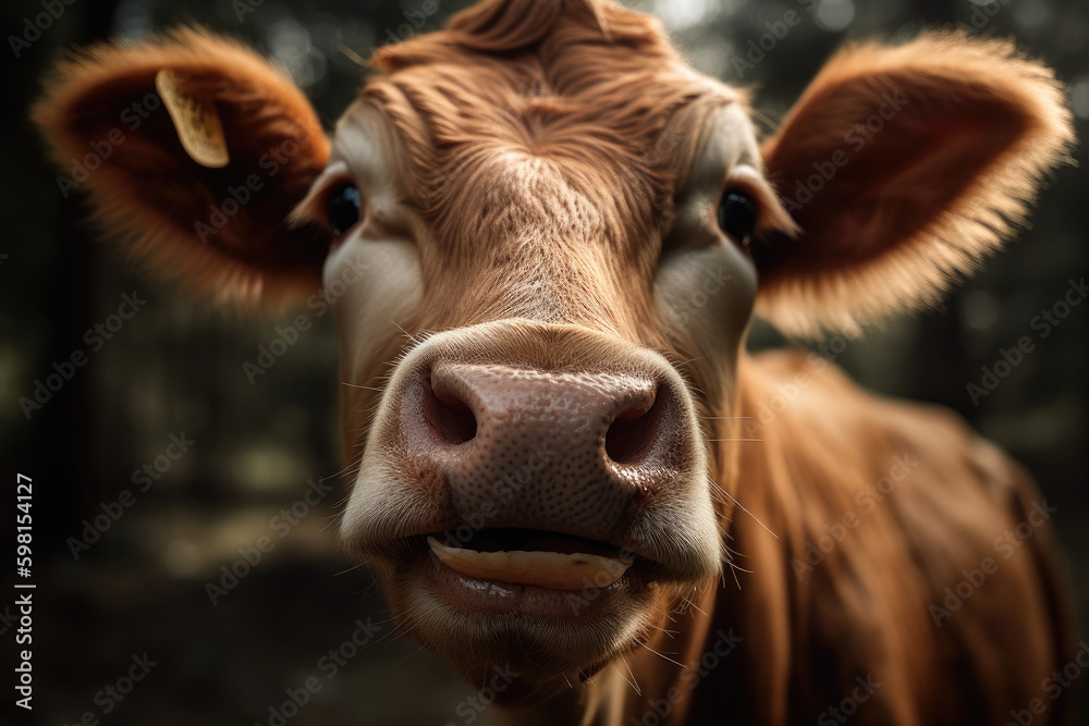 A smiling cow's head fills the frame, with its big eyes, round nostrils ...
