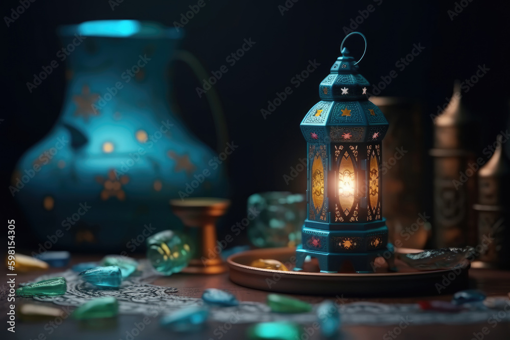 Various items and symbols related to Ramadan. Objects such as bowls ...