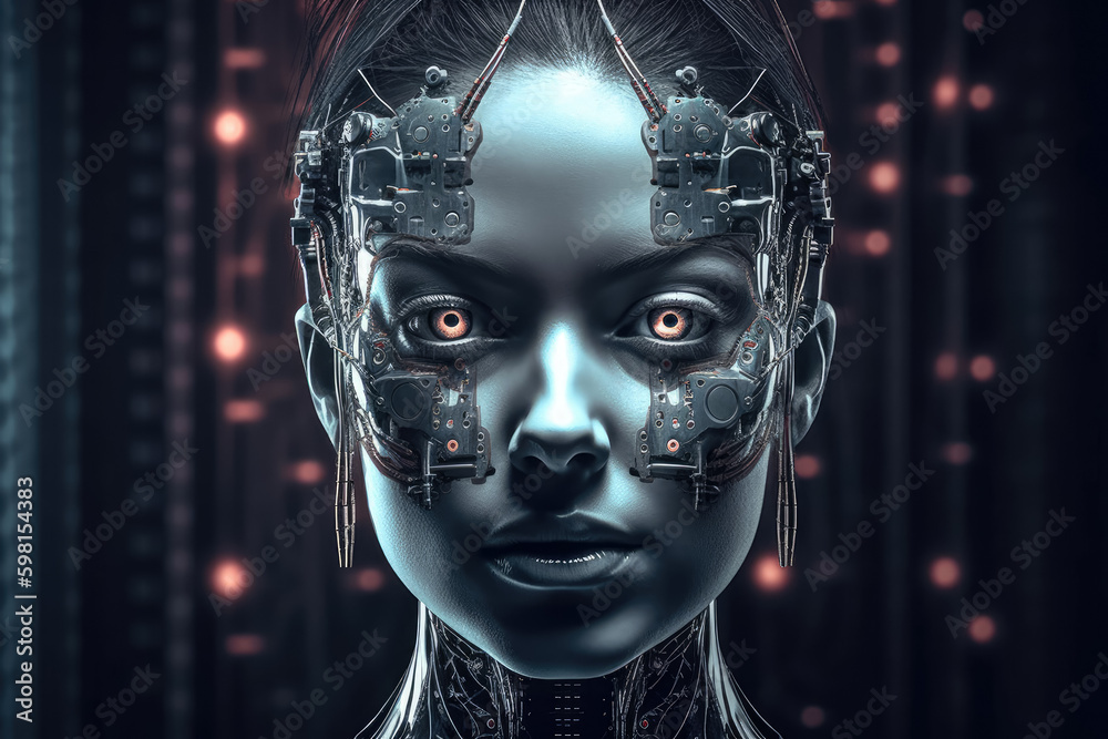 The photo shows the silver face of a humanoid robot woman with various ...