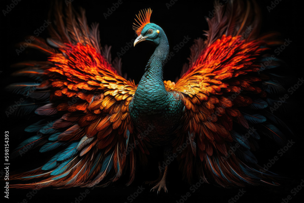A stunning red and blue phoenix spreads its wings, displaying its ...