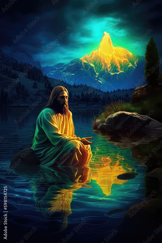 Jesus sitting in a fantasy world, Jesus in a metaverse world, Beautiful ...