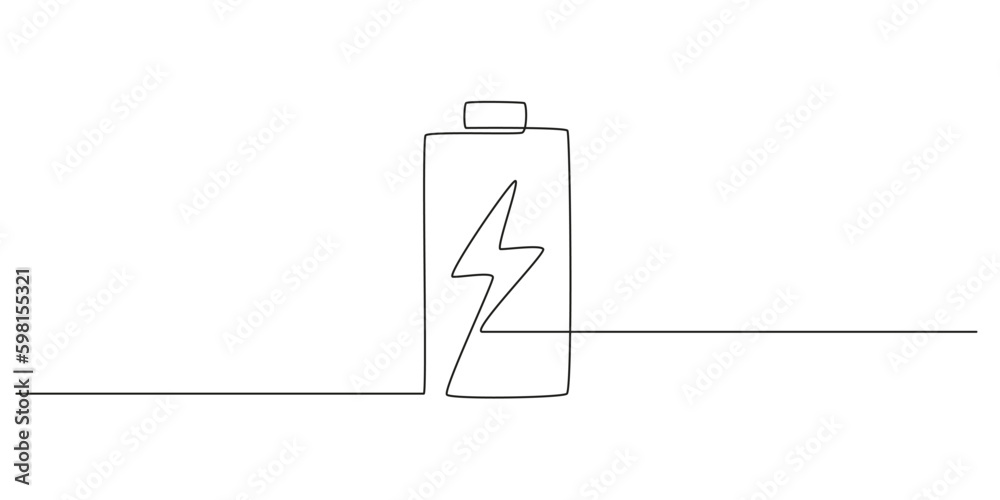 One continuous line drawing of battery charging. Lightning bolt symbol ...
