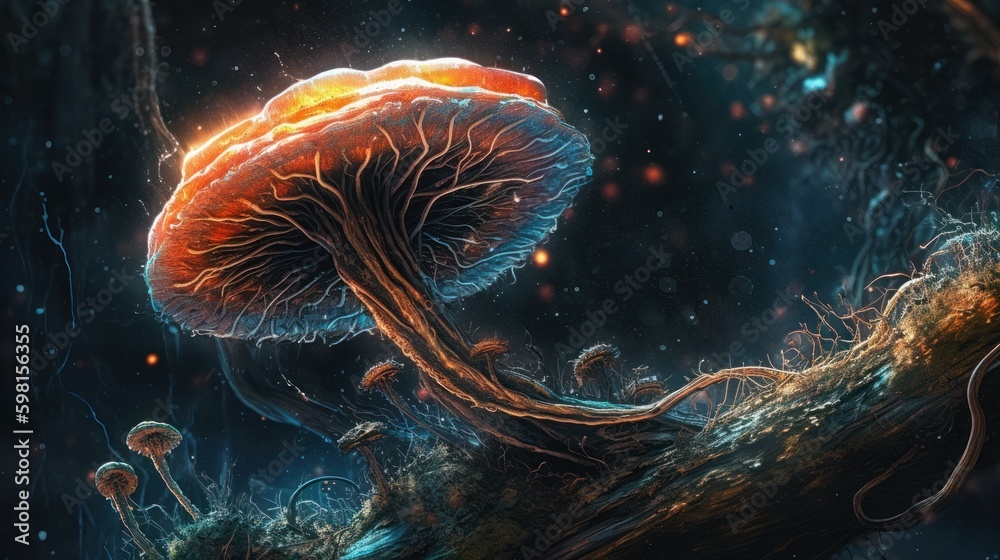 otherworldly alien mushroom bright glowing sitting tree branch gorgeous ...
