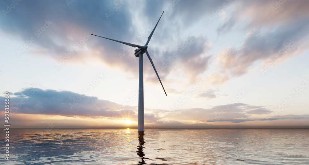 Ocean Wind Farm. Windmill farm in the ocean. Offshore wind turbines in ...