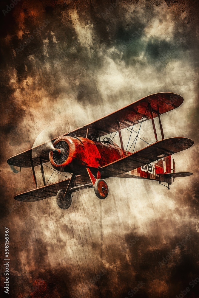 red world war one fighter plane airplane flying sky cloudy behind vivid ...