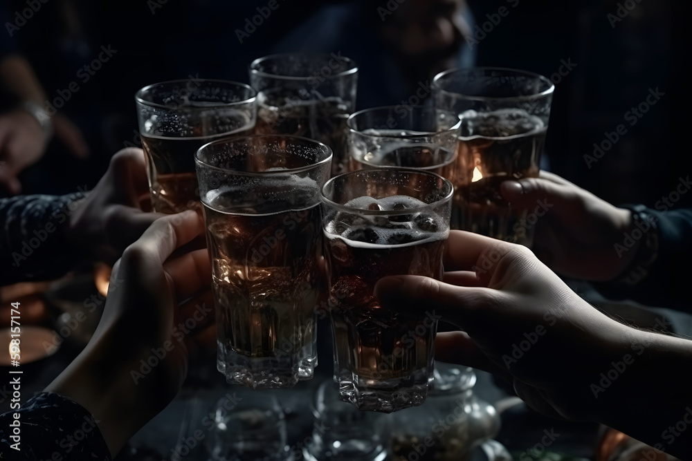 Group of friends enjoying alcohol drinks. Young people hands cheering ...