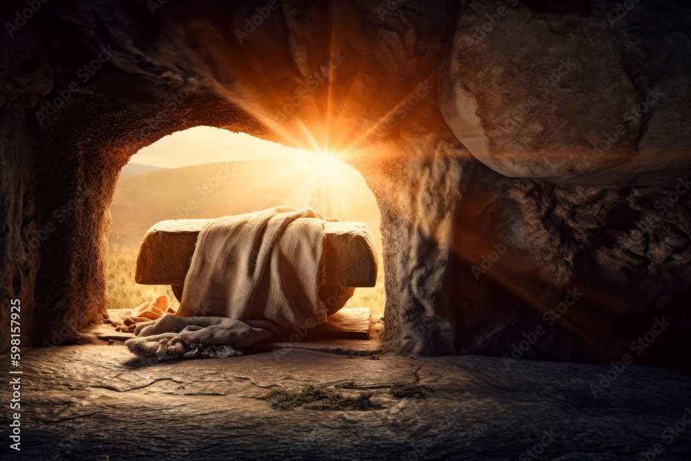 Tomb Empty With Shroud And Crucifixion At Sunrise. Resurrection Of ...
