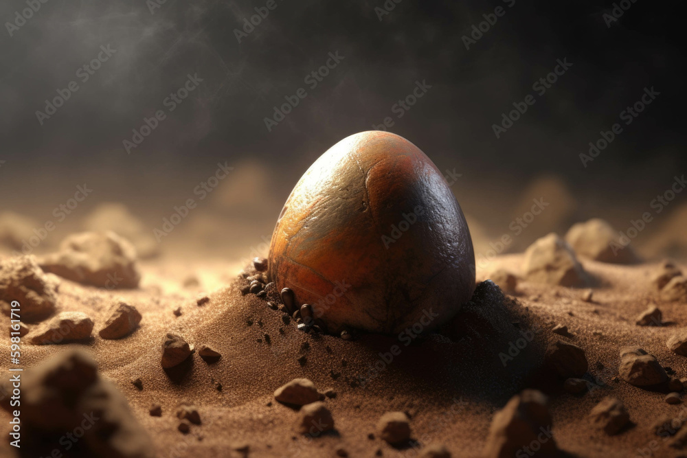 A prehistoric egg buried beneath the layers of soil awaiting its ...