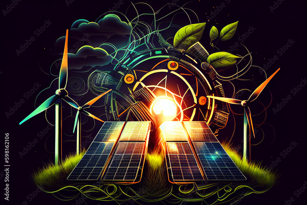 Solar panel and Wind Turbine concept. Solar energy from solar panels ...