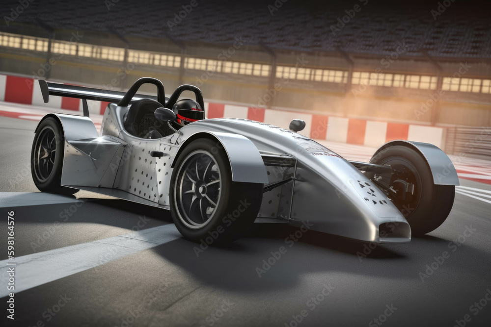 A sleek silver race car passing the checkered flag after an intense ...