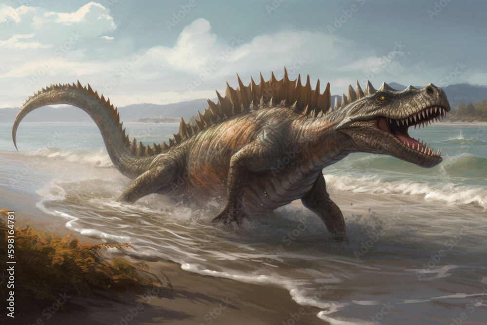 A monstrous Spinosaurus prowling the shoreline beside a primordial sea ...