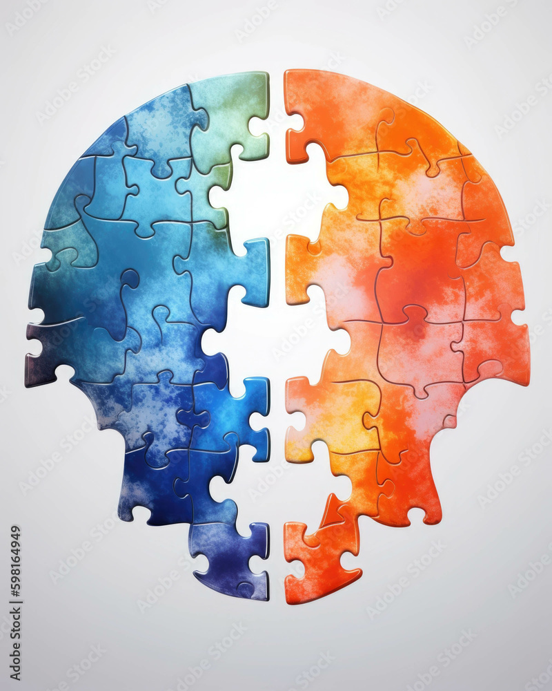 Two puzzle pieces in the shape of brains with different patterns and ...
