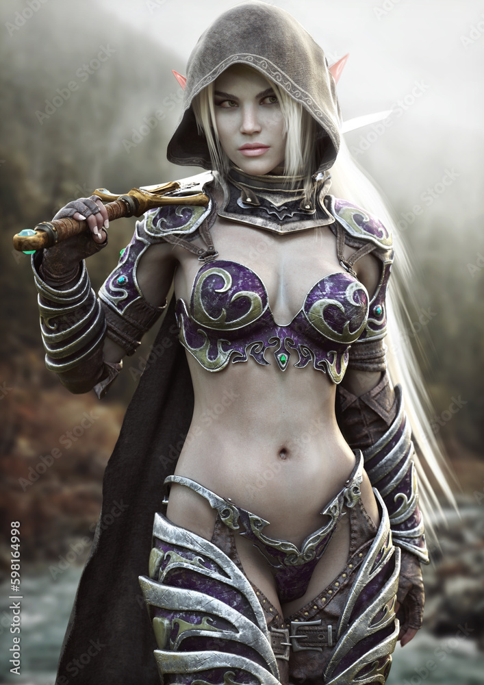 The land of the elves . Portrait of a fantasy heavily armored hooded dark elf female Ranger ...